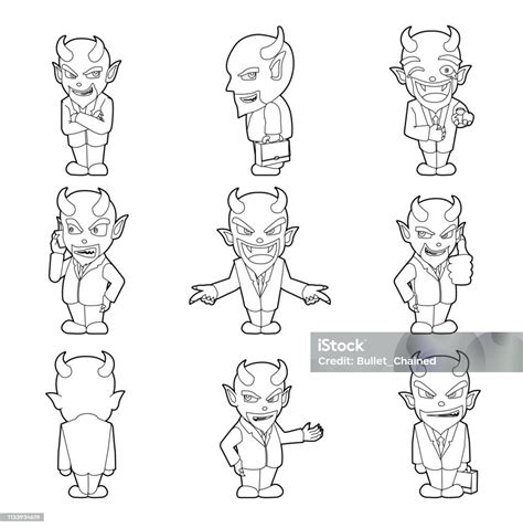 할로윈 캐릭터 큰 머리는 악마 사업가 색칠 하기 책을 포즈 개체 그룹에 대한 스톡 벡터 아트 및 기타 이미지 개체 그룹 검은색 공포 무서움 Istock