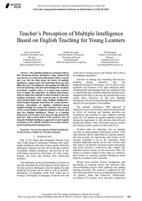 Pdf Teachers Perception Of Multiple Intelligence Based On English