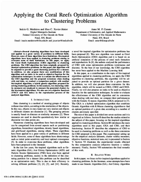 Pdf Applying The Coral Reefs Optimization Algorithm To Clustering Problems