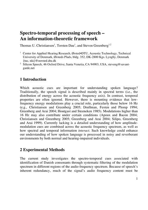 Pdf Spectro Temporal Processing Of Speech An Information Theoretic Framework
