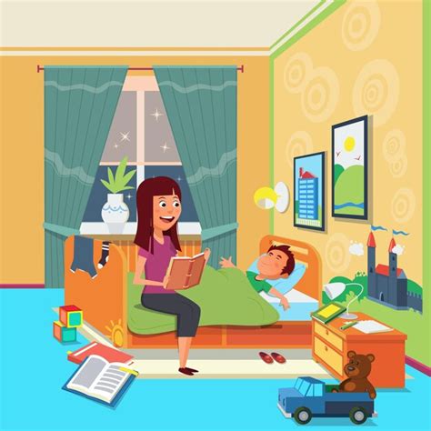 어머니는 자식 벡터 일러스트 레이 션에 책을 읽고 프리미엄 벡터