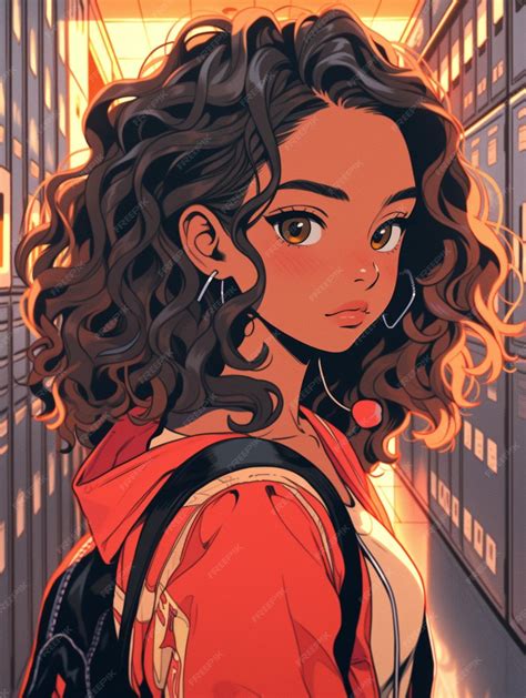 Anime Girl With Curly Hair And Backpack In Hallway Generative Ai