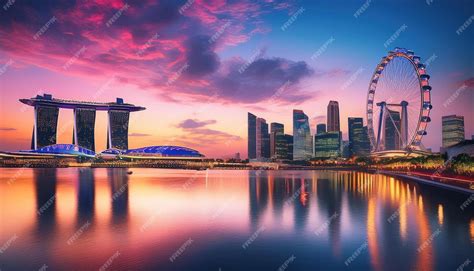 The Stunning Singapore Skyline At Dusk With Iconic Landmarks Like