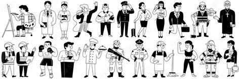Cute Character Doodle Illustration Of Various And Different Jobs And Occupations Outline