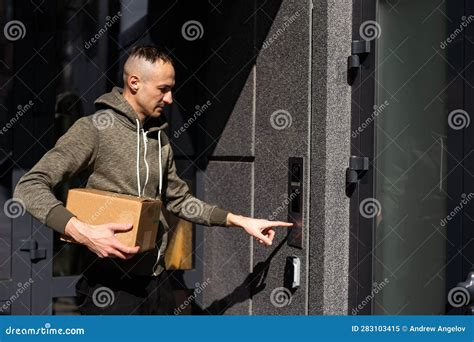 Happy Man Ringing Intercom With Camera In Entryway Stock Image Image Of Lock Pushing