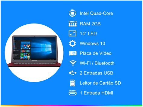 Notebook Positivo Motion Red Q 232A Intel Quad Core 2GB 32GB LED 14 Windows 10