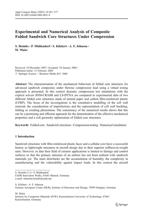 Pdf Experimental And Numerical Analysis Of Composite Folded Sandwich Core Structures Under
