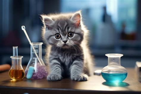 Premium Photo Cute Grey Cat In The Lab Environment