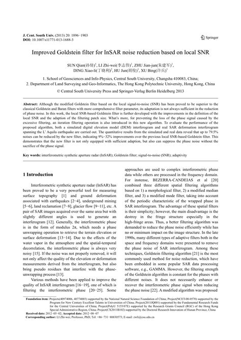 Pdf Improved Goldstein Filter For Insar Noise Reduction Based On Local Snr