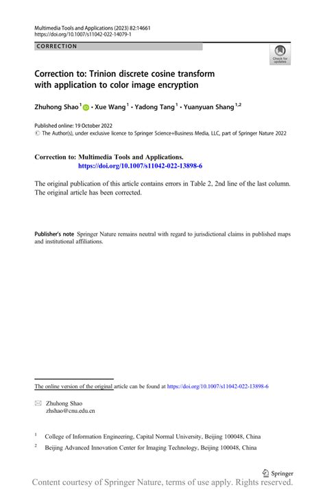 Correction To Trinion Discrete Cosine Transform With Application To Color Image Encryption