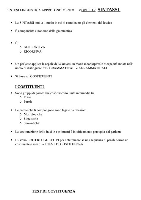 Sintesi Di Sintassi Linguistica Docsity