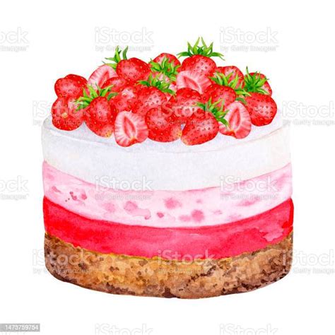 딸기로 장식 된 크림 케이크 엽서 인사말 카드 초대장 메뉴 로고 패브릭 프린트의 디자인을 위한 수채화 휴일 클립아트 결혼식 생일 기념일 디자인 생일에 대한 스톡 벡터 아트