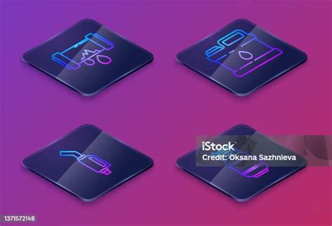 누출 된 물과 이소측정 라인 깨진 금속 파이프를 설정 가솔린 펌프 노즐 모터 기계 오일과 프로판 가스 탱크캐니스터 파란색 정사각형 버튼 벡터 3차원 형태에 대한 스톡 벡터