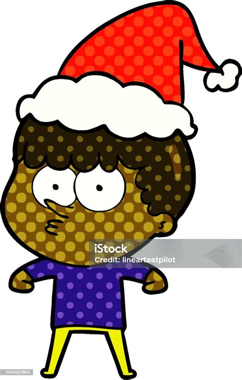 산타 모자를 쓴 호기심 많은 소년의 손으로 그린 만화책 스타일의 그림 귀여운에 대한 스톡 벡터 아트 및 기타 이미지 귀여운 낙서 드로잉 남자 Istock
