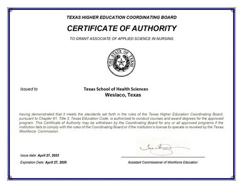 Certificate Of Authority Texas School Of Health Sciences