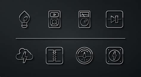 나뭇잎 구름 및 번개 다이오드 전자 회로 전기 계량기 전기 변압기 음악 플레이어 번개 볼트 및 암페어 멀티 미터 아이콘이있는