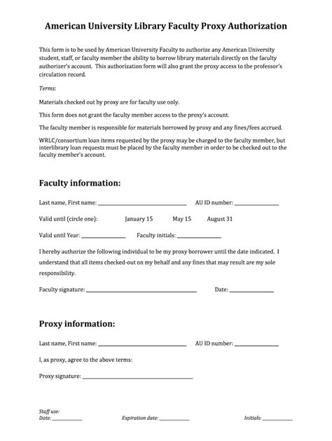 Faculty Proxy Authorization Form American University American Fill