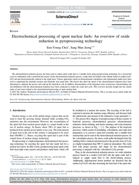 Pdf Electrochemical Processing Of Spent Nuclear Fuels An Overview Of