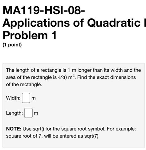 Solved Ma119 Hsi 08 Applications Of Quadratic Problem 1 1