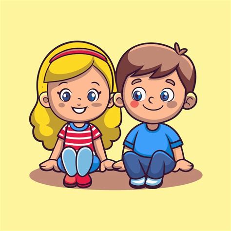 Милая пара мальчик и девушка сидят вместе Иллюстрация векторной иконы мультфильма Премиум вектор
