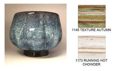 1145 Texture Autumn And 1173 Running Hot Chowder On Top Ceramics Ideas Pottery Glazes For