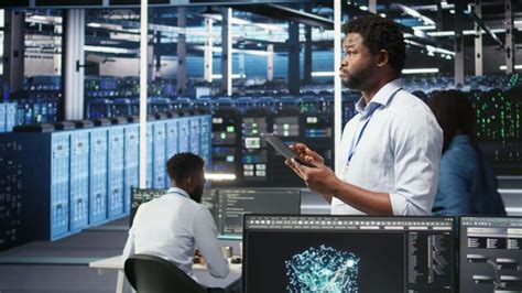 Data Center Engineer Using Tablet To Interpret Data Analytics Graphs Server Room Worker Using