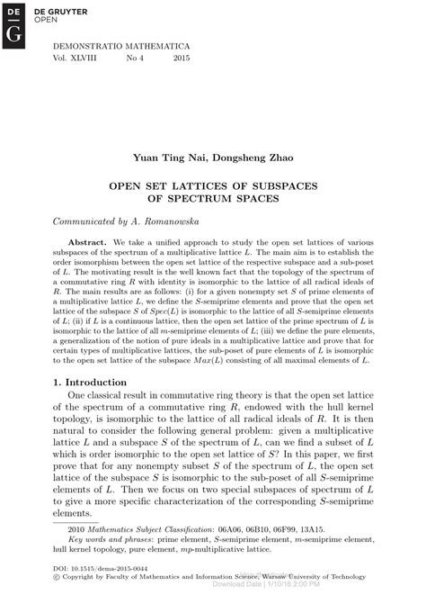 Pdf Open Set Lattices Of Subspaces Of Spectrum Spaces