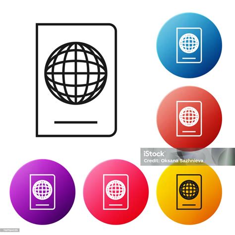 흰색 배경에 격리 된 생체 인식 데이터 아이콘이있는 검은 색 선 여권 식별 문서 아이콘 다채로운 원 버튼을 설정합니다 벡터 일러스트레이션 관광에 대한 스톡 벡터 아트 및