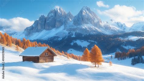 Picturesque Landscape With Small Wooden Log Cabin On Meadow Alpe Di Siusi On Sunrise Time Seiser