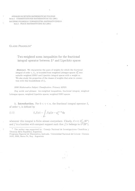 Pdf Two Weighted Norm Inequalities For The Fractional Integral Operator Between Lp And