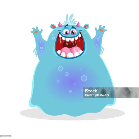 귀여운 파란 괴물 해피 할로윈 마스코트 캐릭터 어린이 파티 디자인 티셔츠 및 포스터에 가장 적합합니다 벡터 그림입니다 0명에