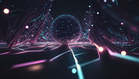 Concept Of Neural Network Cyberspace And Technology Abstract Neon Glowing Background Stock