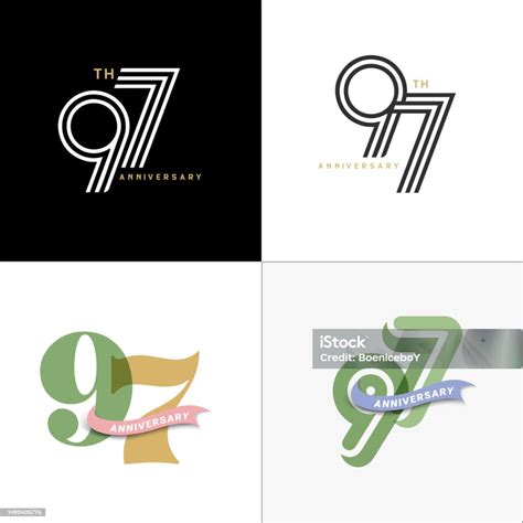 97 주년 기념 벡터 번호 아이콘 생일 로고 라벨 검정 흰색 및 줄무늬 번호가있는 색상 3차원 형태에 대한 스톡 벡터 아트 및 기타 이미지 Istock