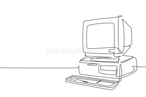 Single Continuous Line Drawing Of Retro Old Classic Personal Computer