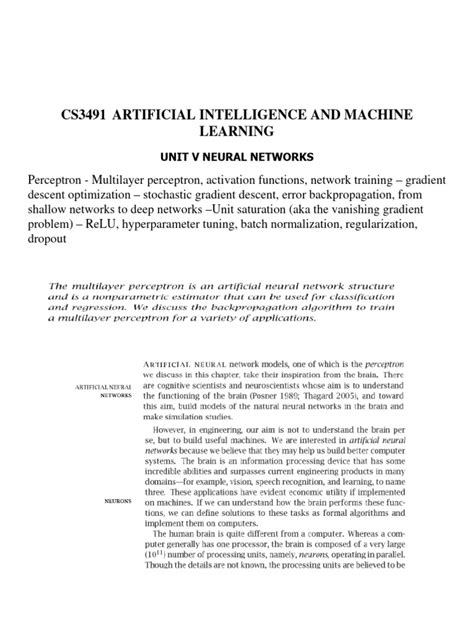 cs3491 aiml unit v neural networks pdf