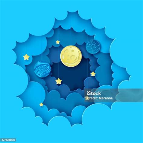 구름에 달 별과 행성밤 하늘 종이 접기 모양종이 아트 3d 추상적 인 배경 종이 파 레이어 텍스처 기하학적 설계 레이아웃입니다 페이퍼커팅에 대한 스톡 벡터 아트 및 기타