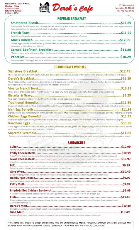 Menu Dereks Cafe