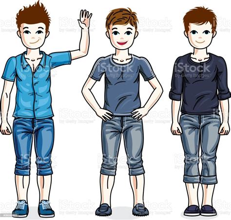 귀여운 작은 소년 그룹 서 다른 캐주얼 옷을 입고 아름 다운 아이 일러스트의 벡터 집합입니다 유년기와 가족 생활 클립 아트입니다 개성 개념에 대한 스톡 벡터 아트 및 기타