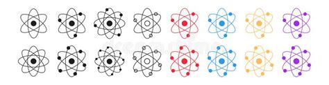 Set Of Atom Icons With Colored Versions Black Silhouettes Black