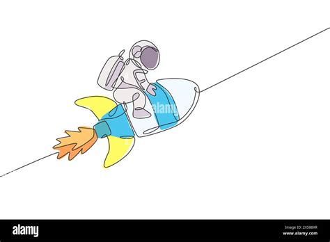 Single Continuous Line Drawing Of Astronaut In Spacesuit Flying At Outer Space While Sitting And