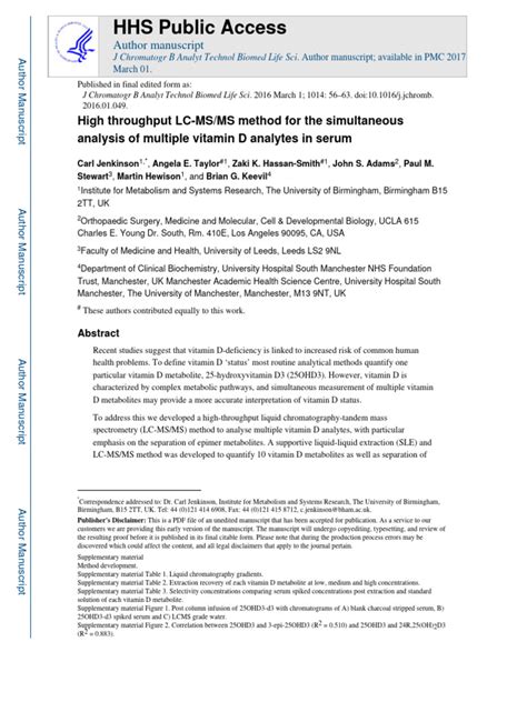 High Throughput Lc Msms Method For The Simultaneous Analysis Of Multiple Vitamin D Analytes In