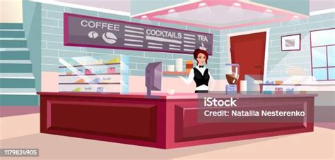 커피 숍 바리스타 에서 작업 플랫 벡터 일러스트 트렌디 한 카운터 현대적인 천장 램프와 벽돌 벽 인테리어 내부에 세련된 카페테리아 커피 머신 만화 캐릭터를 사용하여