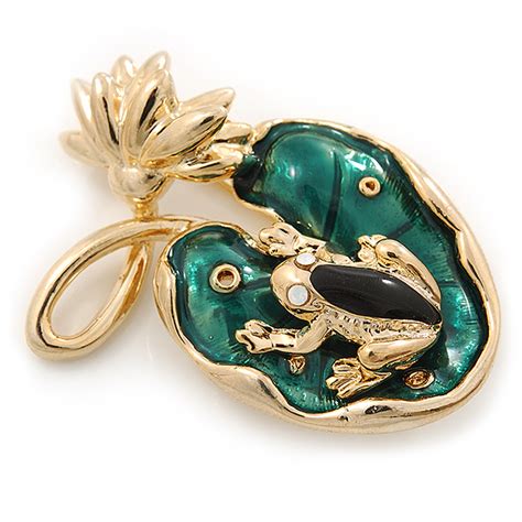 Small Salad Green Enamel Swarovski Crystal Leaping Frog Brooch In