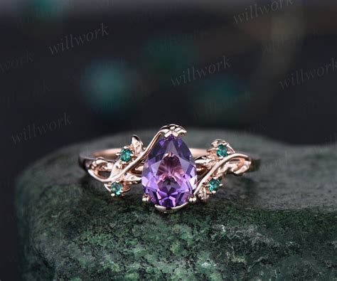 Amethyst Ring Vintage Pear Amethyst Engagement Ring 14k Rose Gold Twig