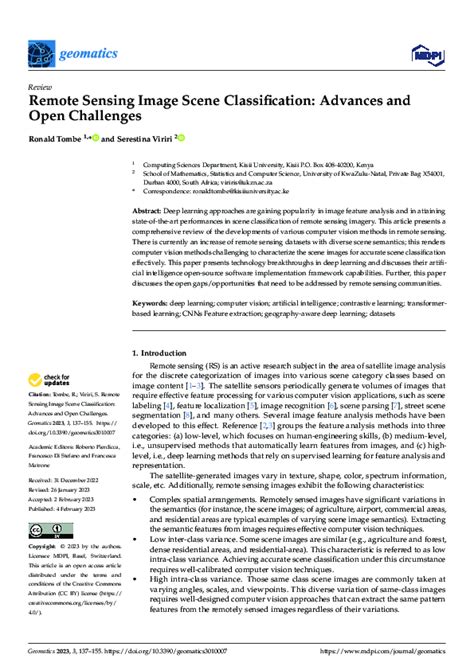 Pdf Remote Sensing Image Scene Classification Advances And Open Challenges Ronald Tombe