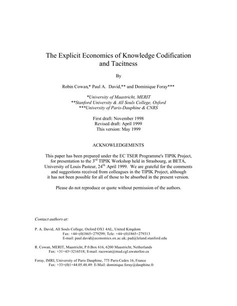 Pdf The Explicit Economics Of Knowledge Codification And Tacitness