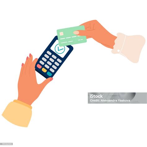 Pos 단말기로 결제하는 손 신용 카드 또는 직불 카드를 사용한 비접촉식 무현금 결제 Nfc 기술 평면 벡터 그림 개념에 대한