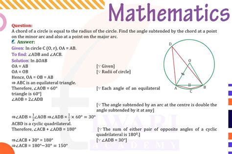 A Chord Of A Circle Is Equal To The Radius Of The Circle Find Angle