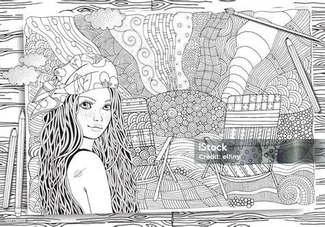 반다나의 어린 아름다운 소녀 해변의 갑판 의자 바다를 향하고 낙서 스타일 성인과 어린이를위한 흑백 낙서 색칠 공부 책 페이지 색칠하기에 대한 스톡 벡터 아트 및 기타 이미지