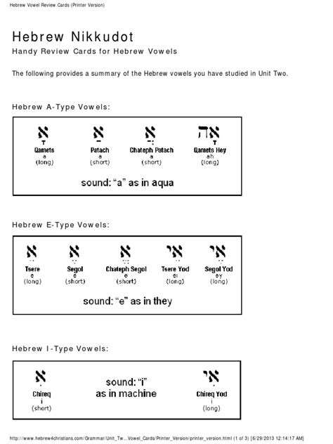 2 12 Hebrew Vowel Review Cards Pdf Linguistics